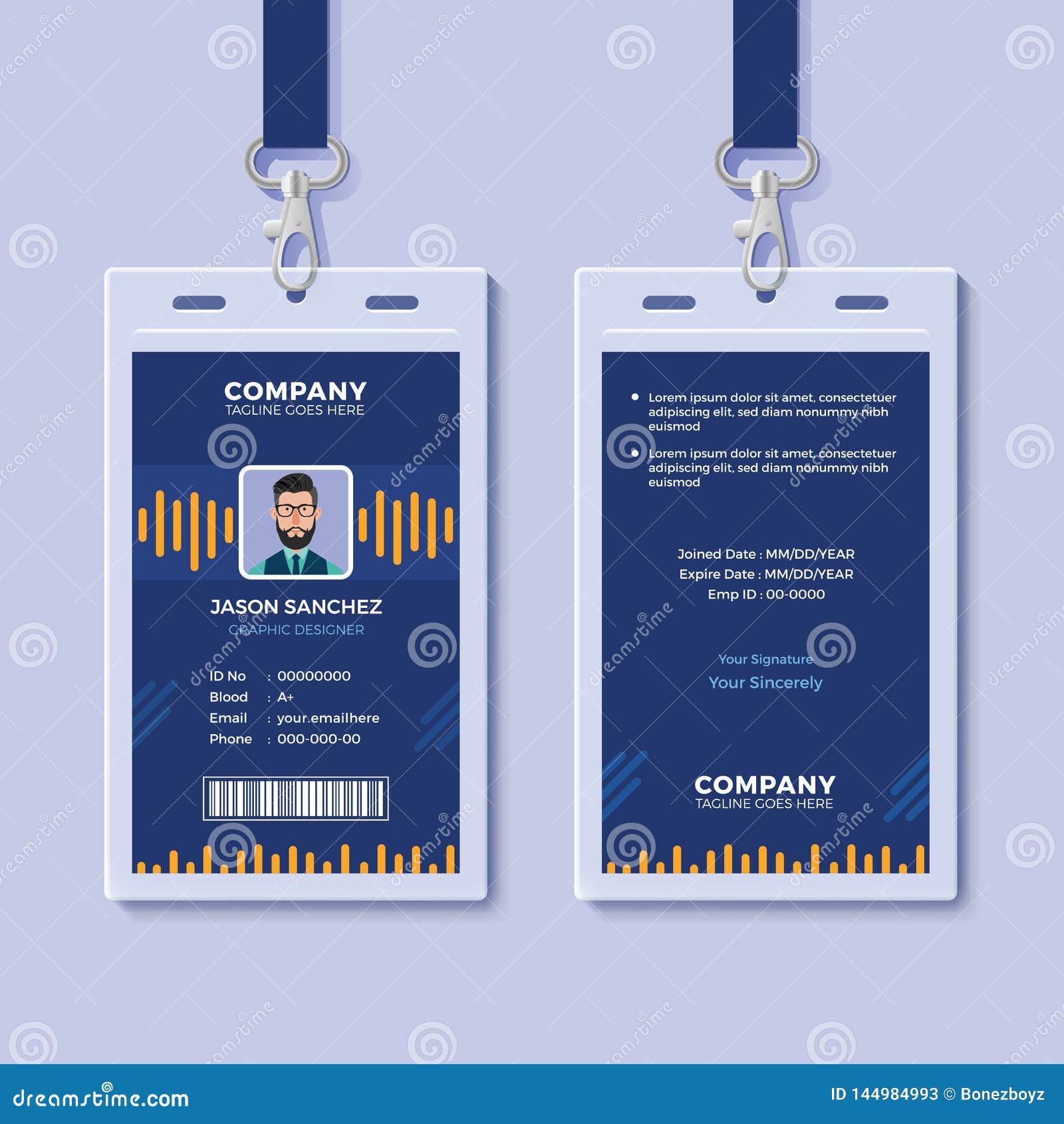 Blue ID Card Template with Yellow Graphics Stock Vector - Illustration ...