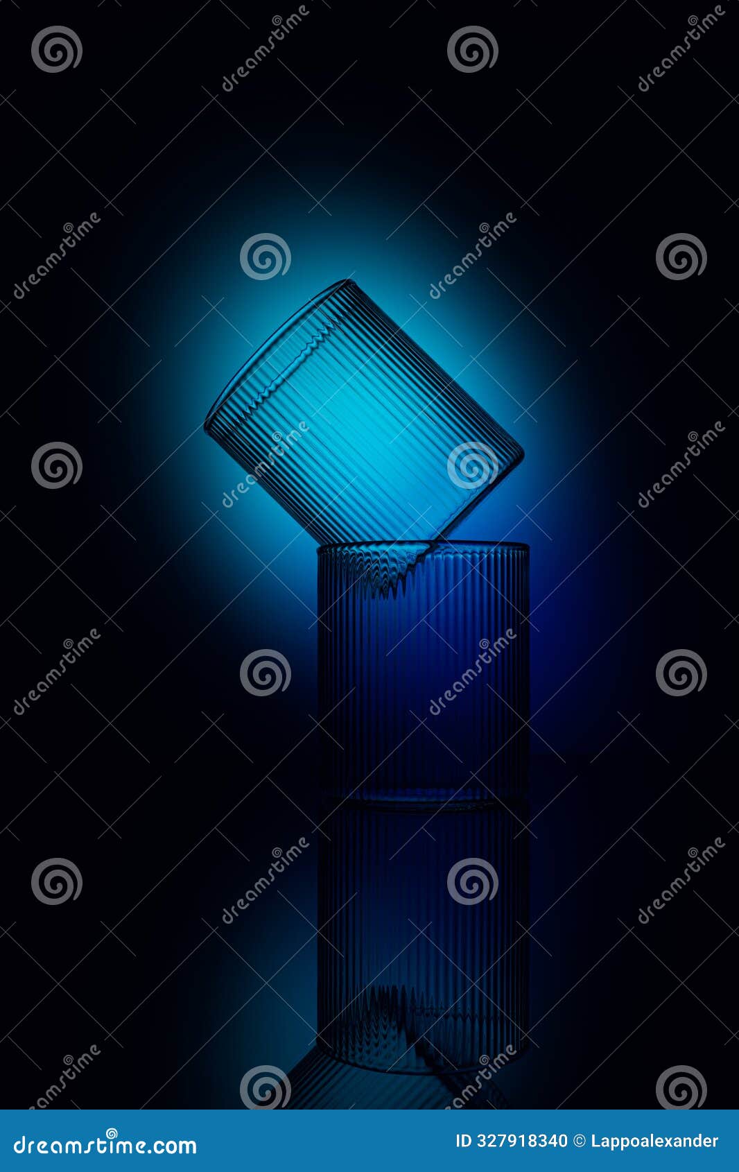 Blue Illuminated Glassware, Dark Backdrop, Reflective Surface Stock ...