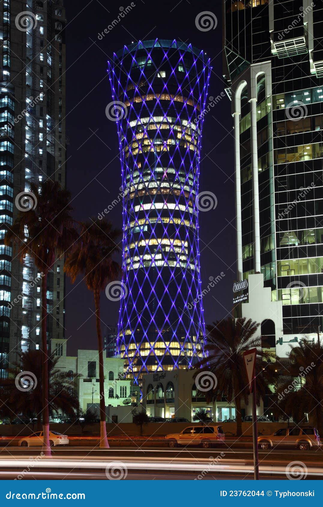 Blue Illuminated QIPCO Tower, Doha Editorial Stock Image - Image of ...