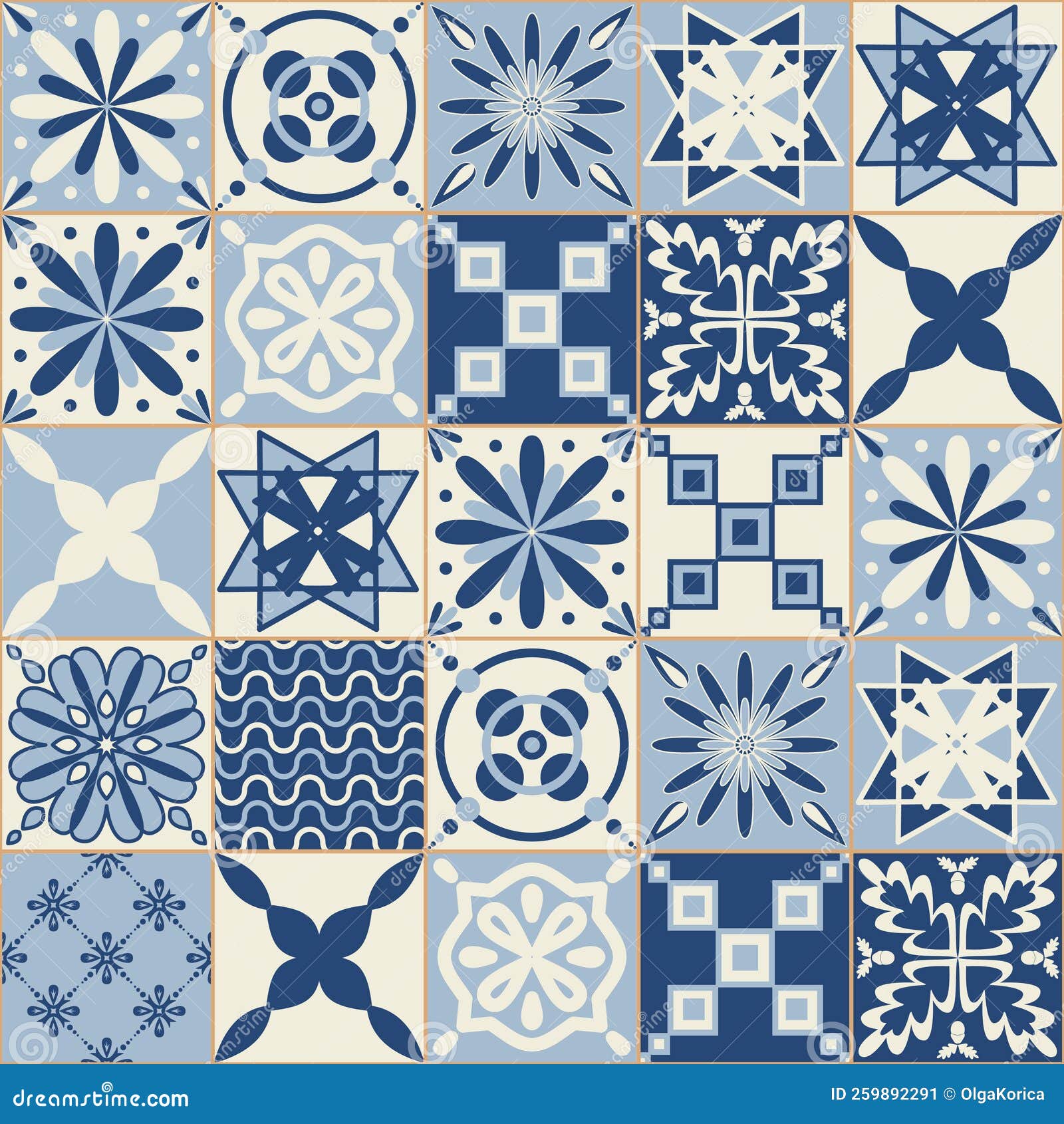 Blue Indigo Flower Pattern on Ceramic Tiles, Vector Illustration for ...