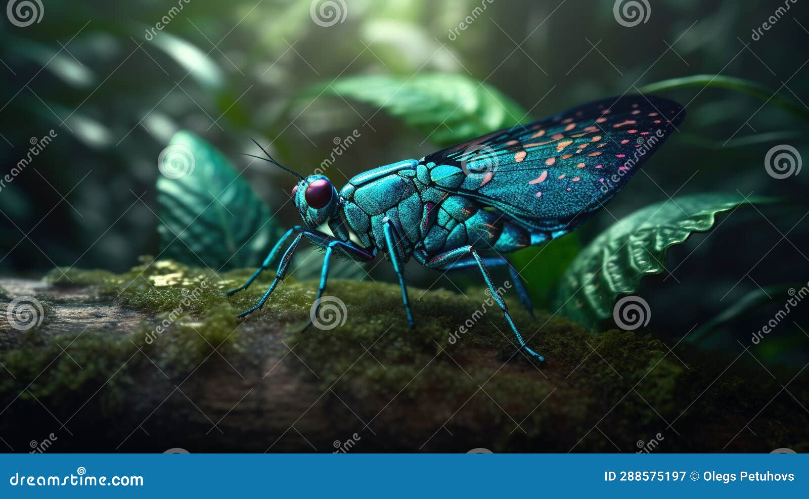 A Blue Insect Sitting on Top of a Green Leaf Covered Ground Stock ...