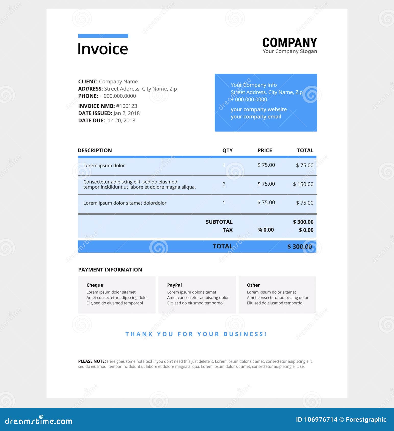 Blue Invoice Template Design Vector Stock Vector - Illustration of ...