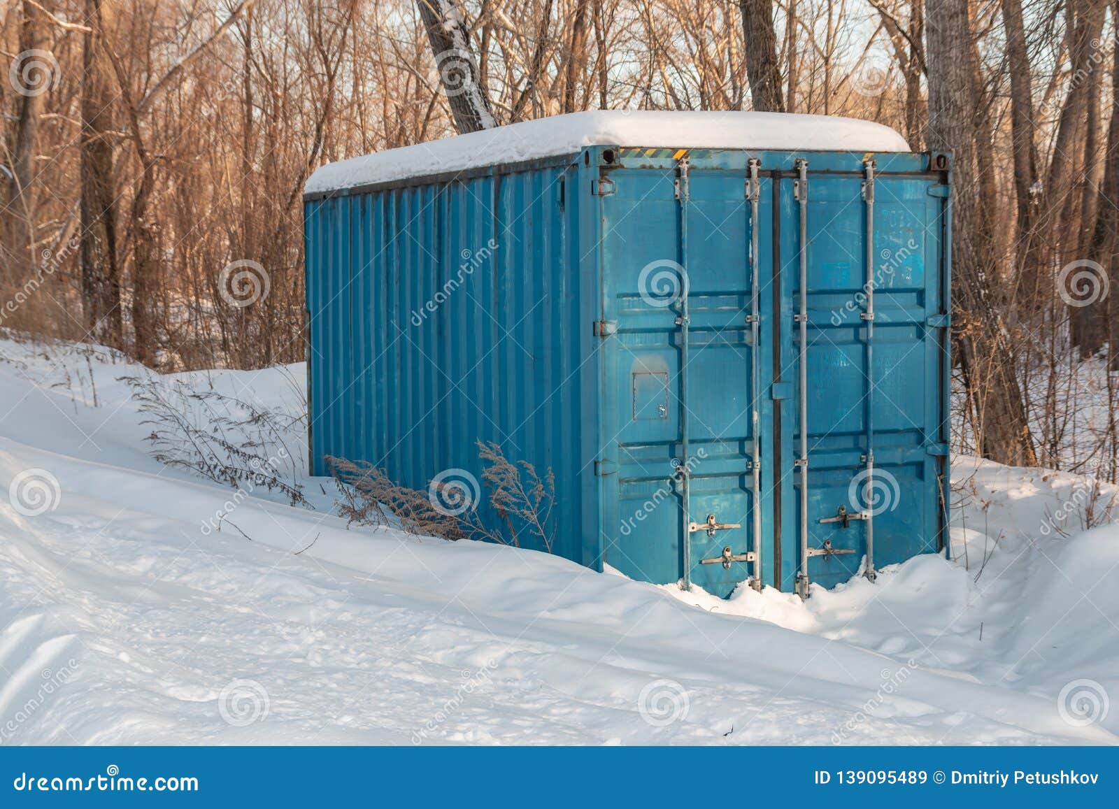 Snow Covered Blue Container in Winter Outdoors Stock Image - Image of ...