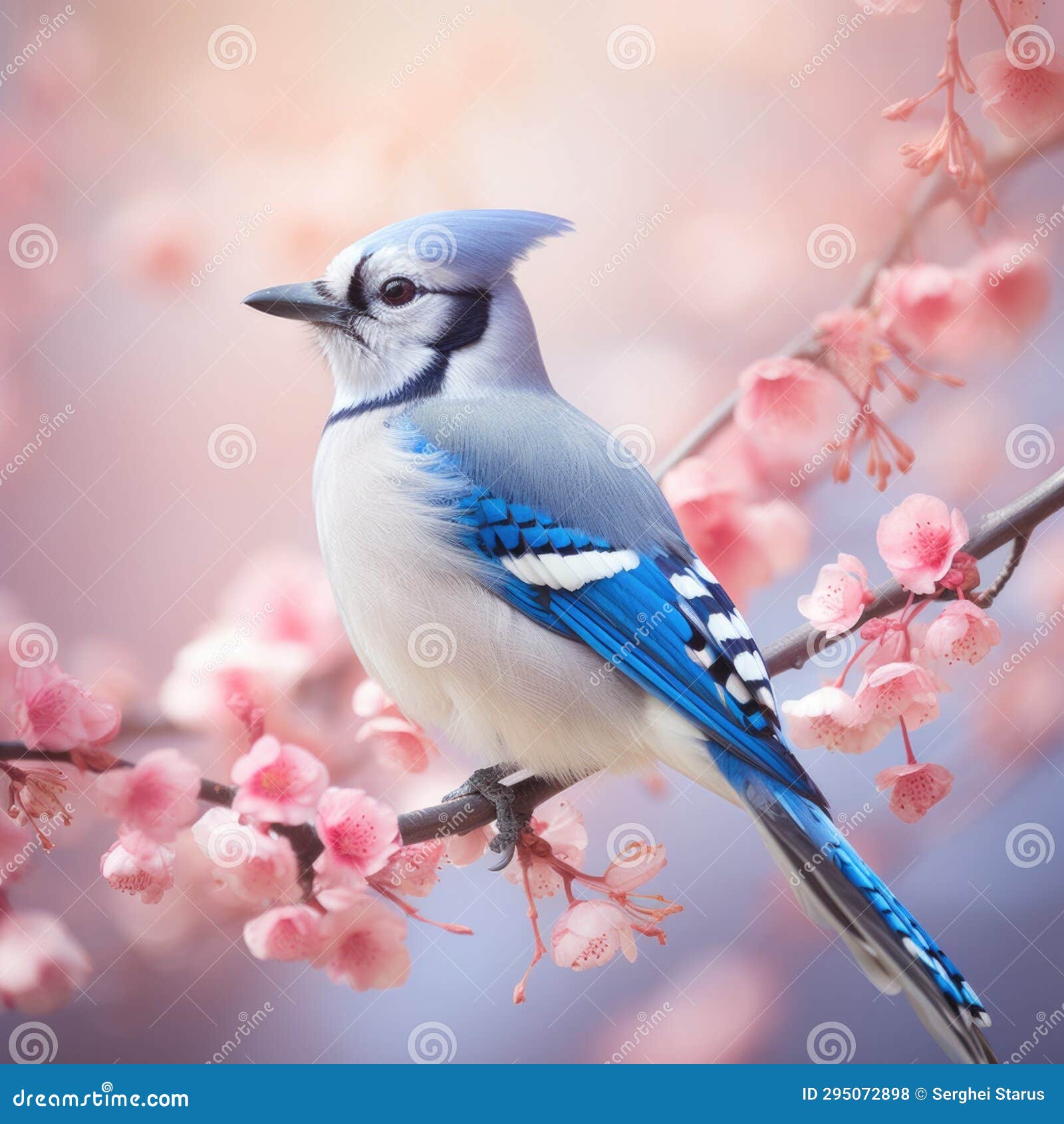 Blue Jay Bird on Cherry Blossom Tree, AI Stock Photo - Image of head, perching: 295072898