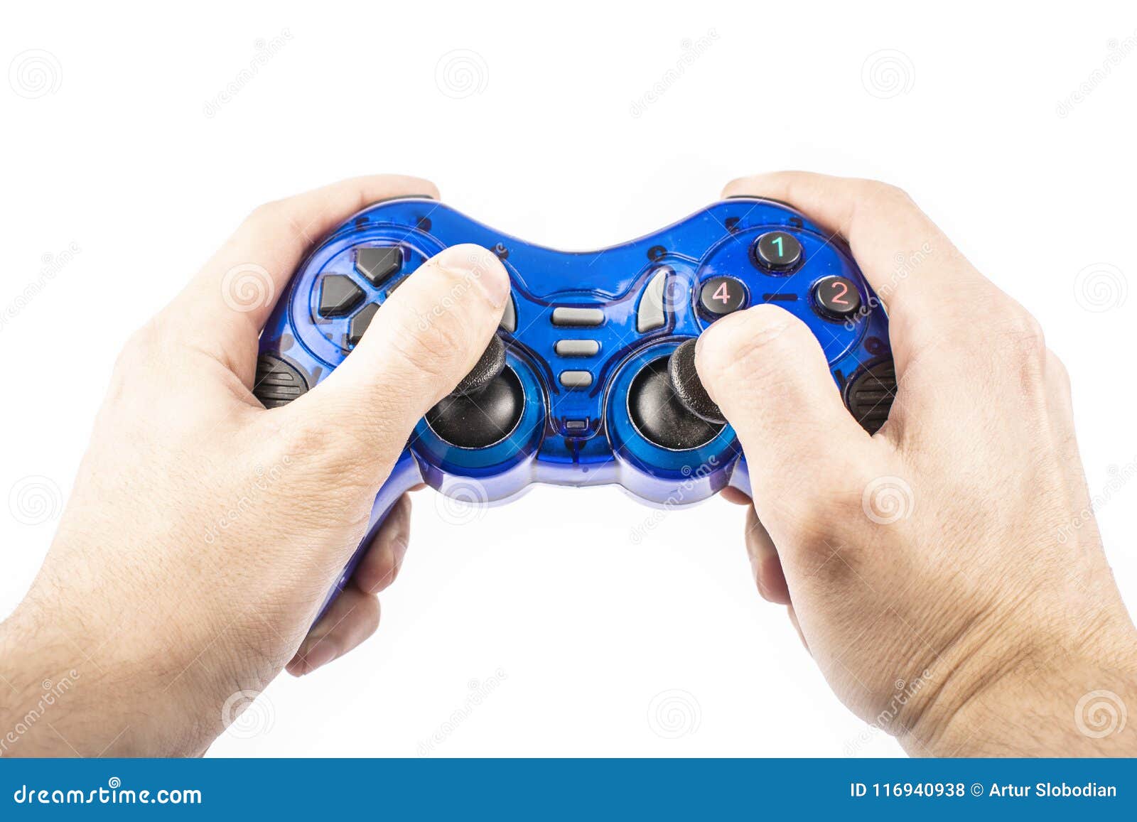 Blue Joystick in Hand Isolate Stock Photo - Image of horizontal, black ...