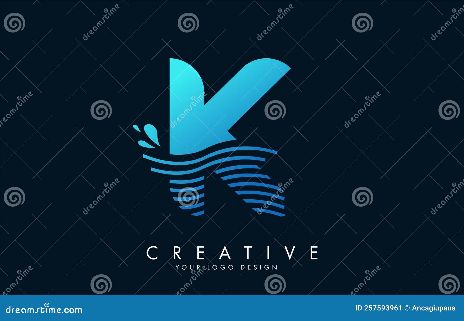Blue K Letter Logo with Waves and Water Drops Design Stock Vector ...