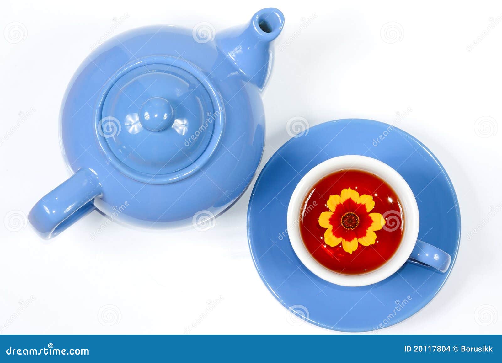 Blue Kettle and Cup of Tea with Flowers Stock Photo - Image of healthy ...