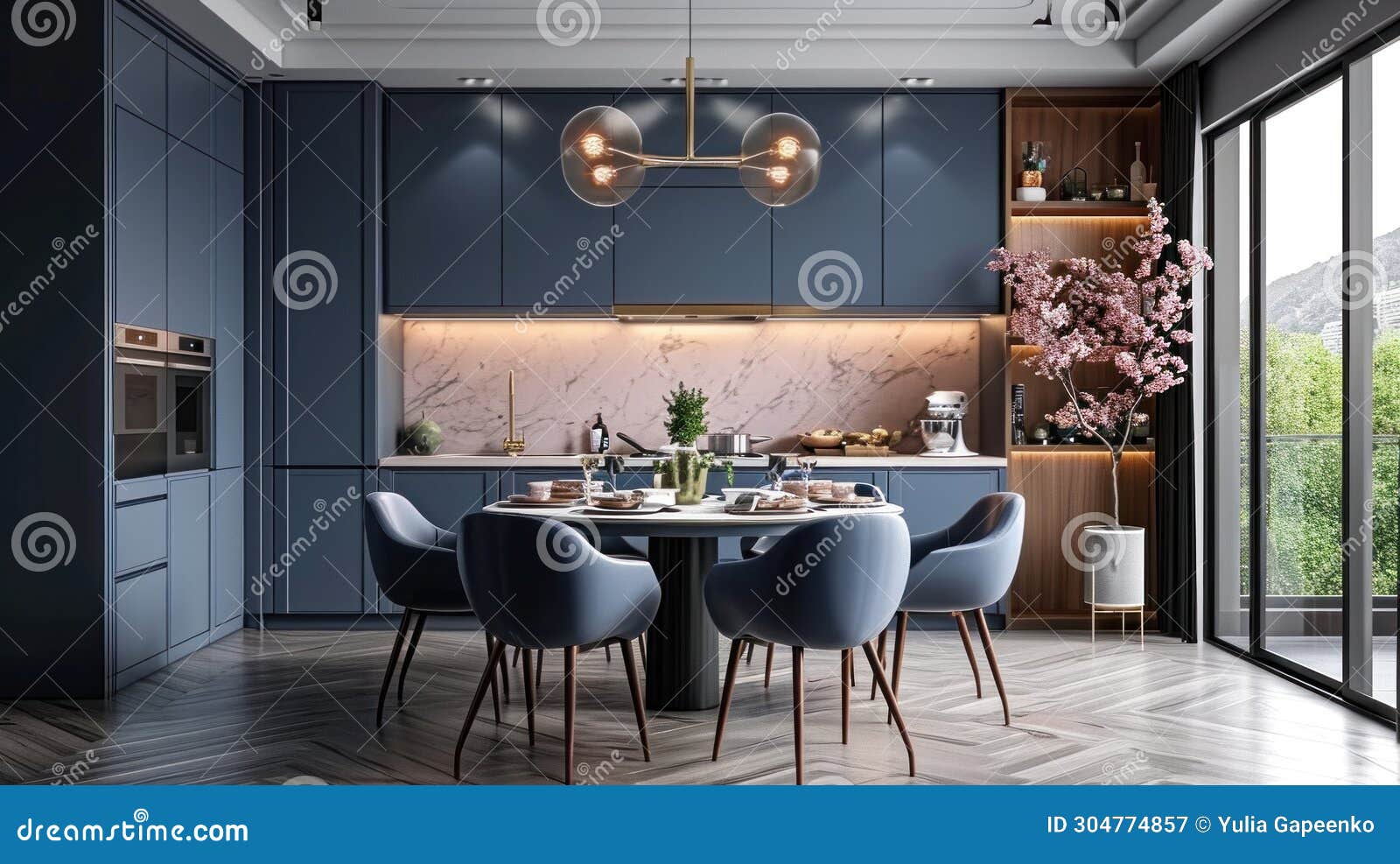 Blue Kitchen Interior Design Rendering Stock Image - Image of luxury ...