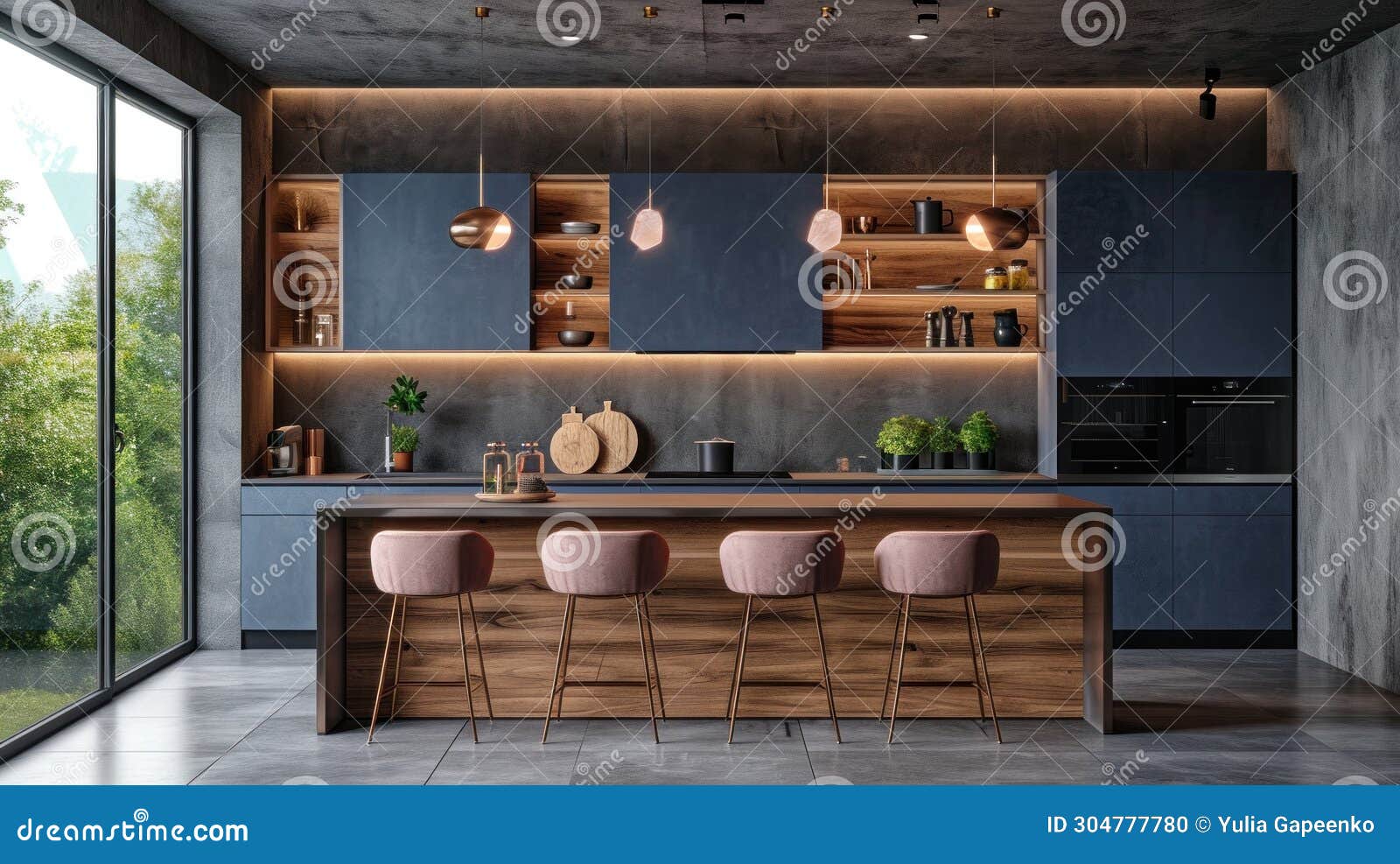 Blue Kitchen Interior Design Rendering Stock Photo - Image of kitchen ...