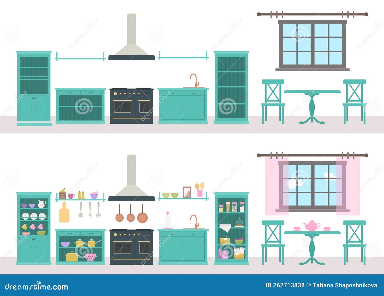 Blue Kitchen in Provence Style is Empty and with Utensils Stock Vector ...