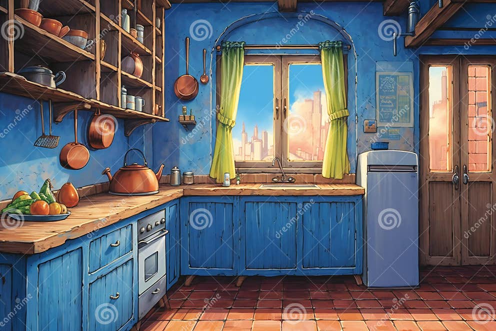 A Blue Kitchen with a Blue Wall in the Background Stock Illustration ...