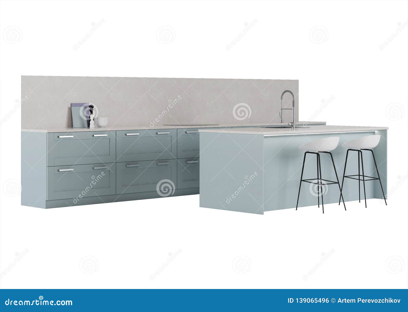 Blue Kitchen on a White Background. Stock Photo - Image of dining, wood ...