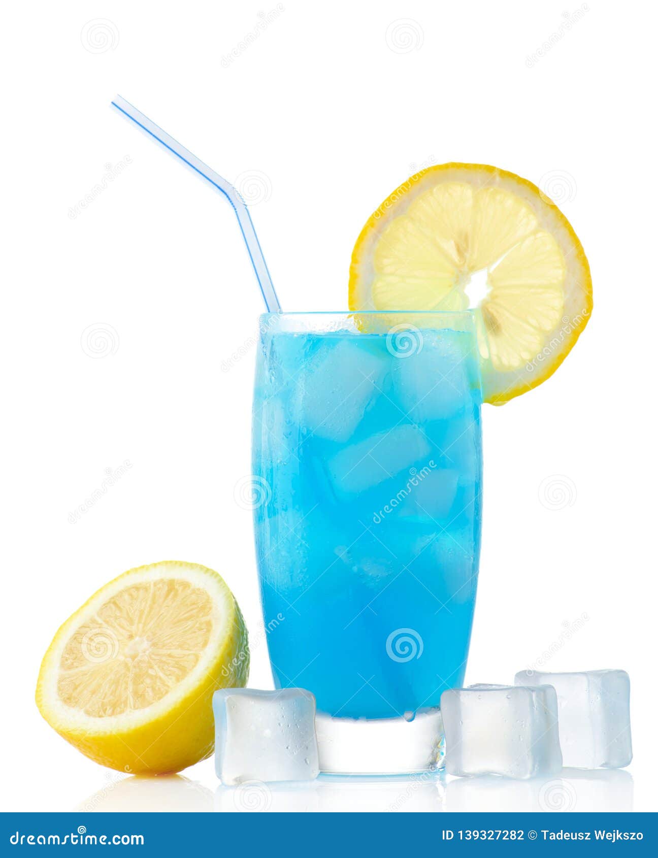 Blue Lagoon Drink with Lemon,straw and Ice Cubes on White Stock Photo ...