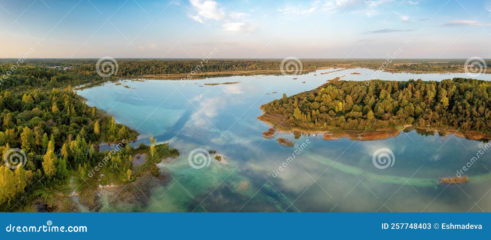 Blue Lake with Bright Blue Water and Clouds Reflection Aerial Panoramic ...