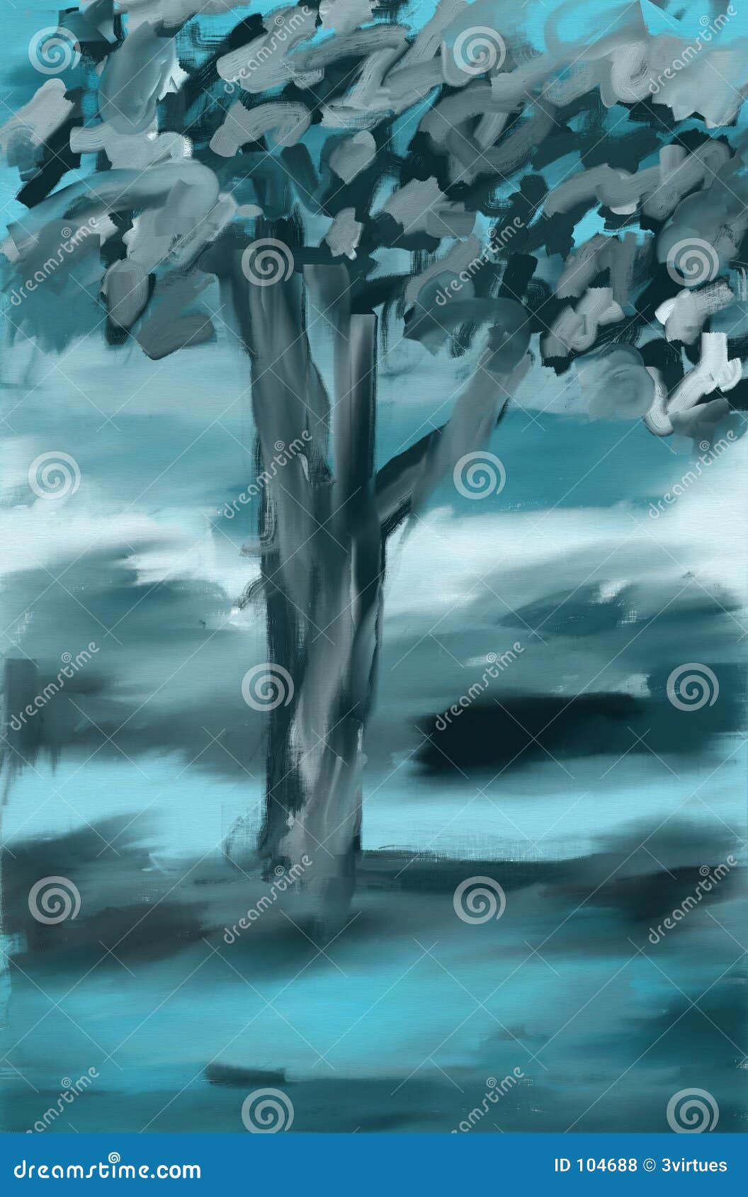 Blue Landscape Tree Painting Stock Illustration - Illustration of blue ...