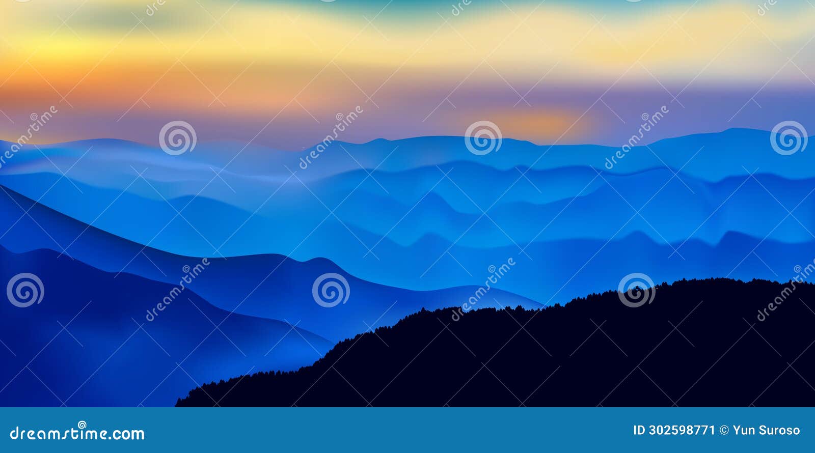 Blue Landscape Vector with Yellow Sunlight in the Background. Stock ...