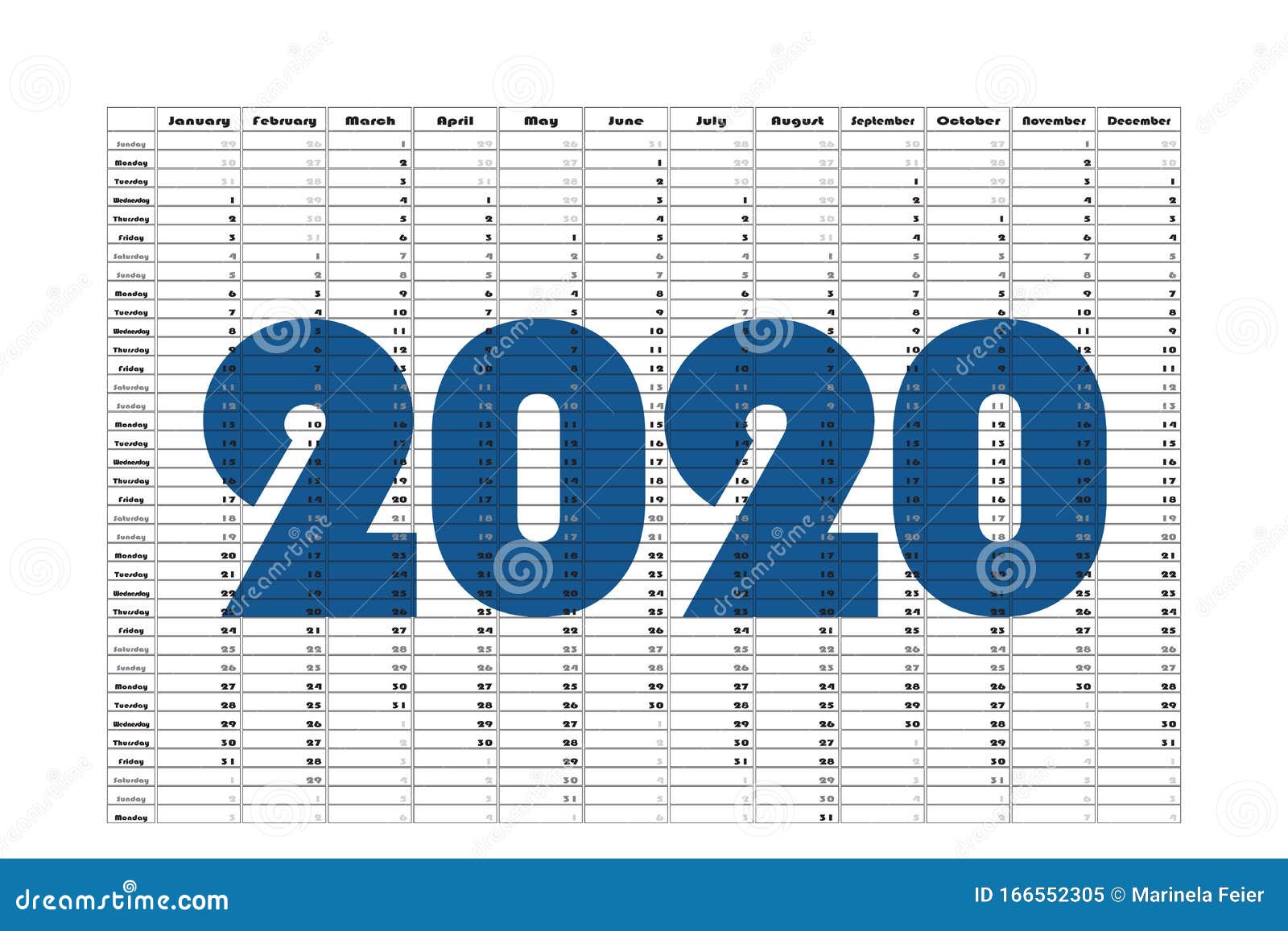 Blue Landscape 2020 Wall Planner Month Column Stock Vector ...