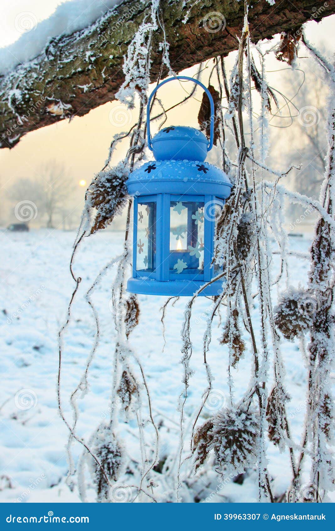 Blue Lantern in Winter Scenery Stock Image - Image of light, decor ...