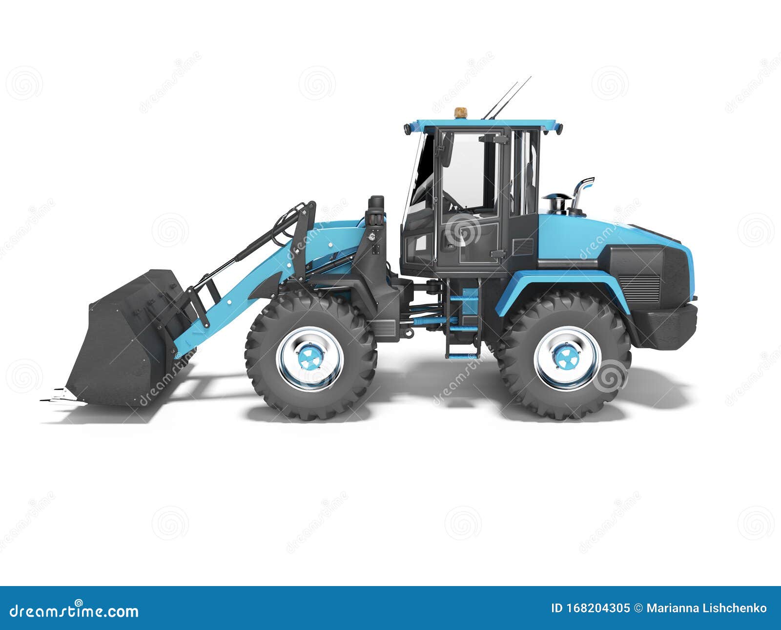 Blue Large Road Frontal Loader Side View 3D Rendering on White ...