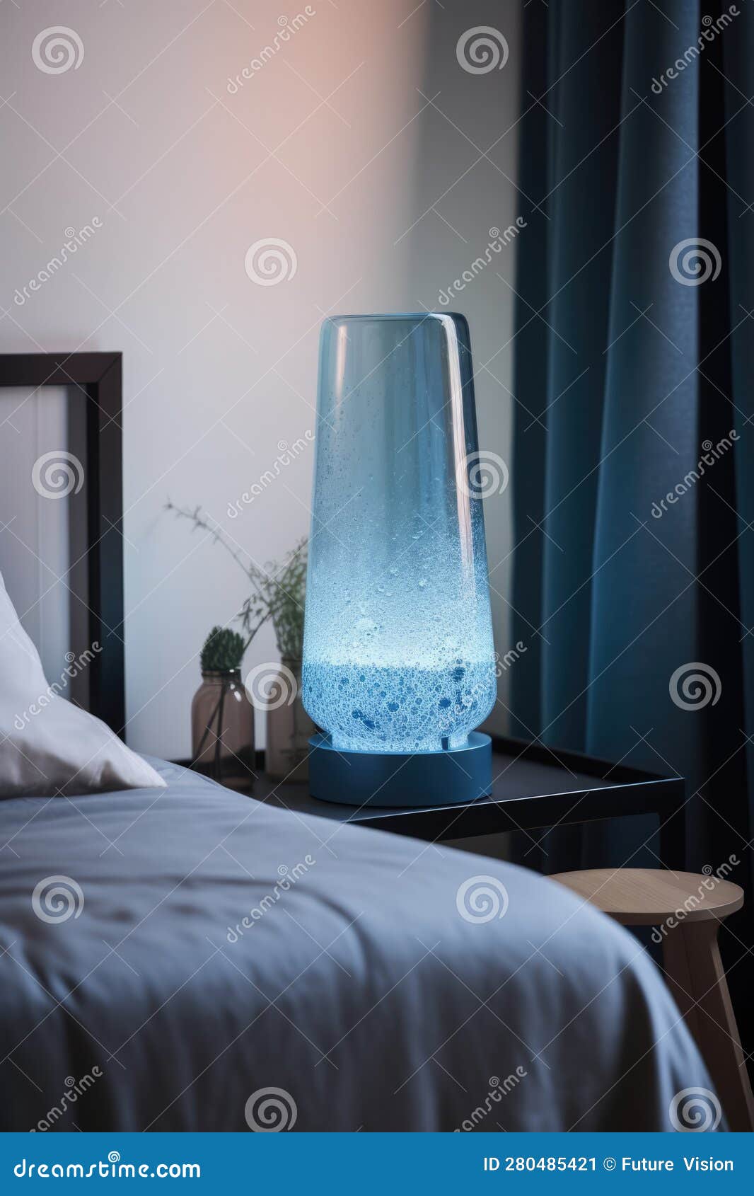 Blue Lava Lamp on Bedside Table in Bedroom in Daylight, Created Using ...