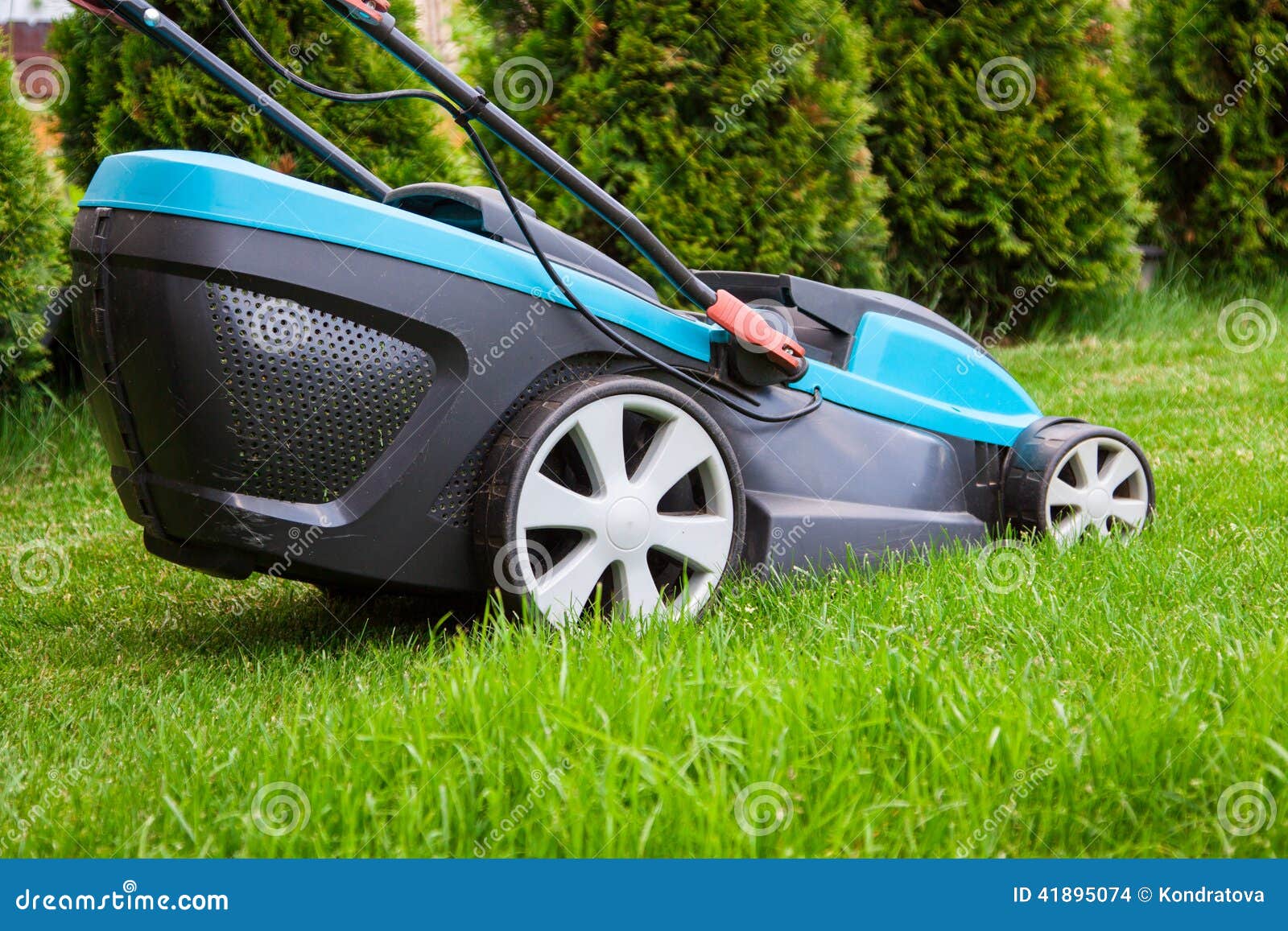 Blue Lawn Mower on Green Grass Stock Photo - Image of person, messy ...