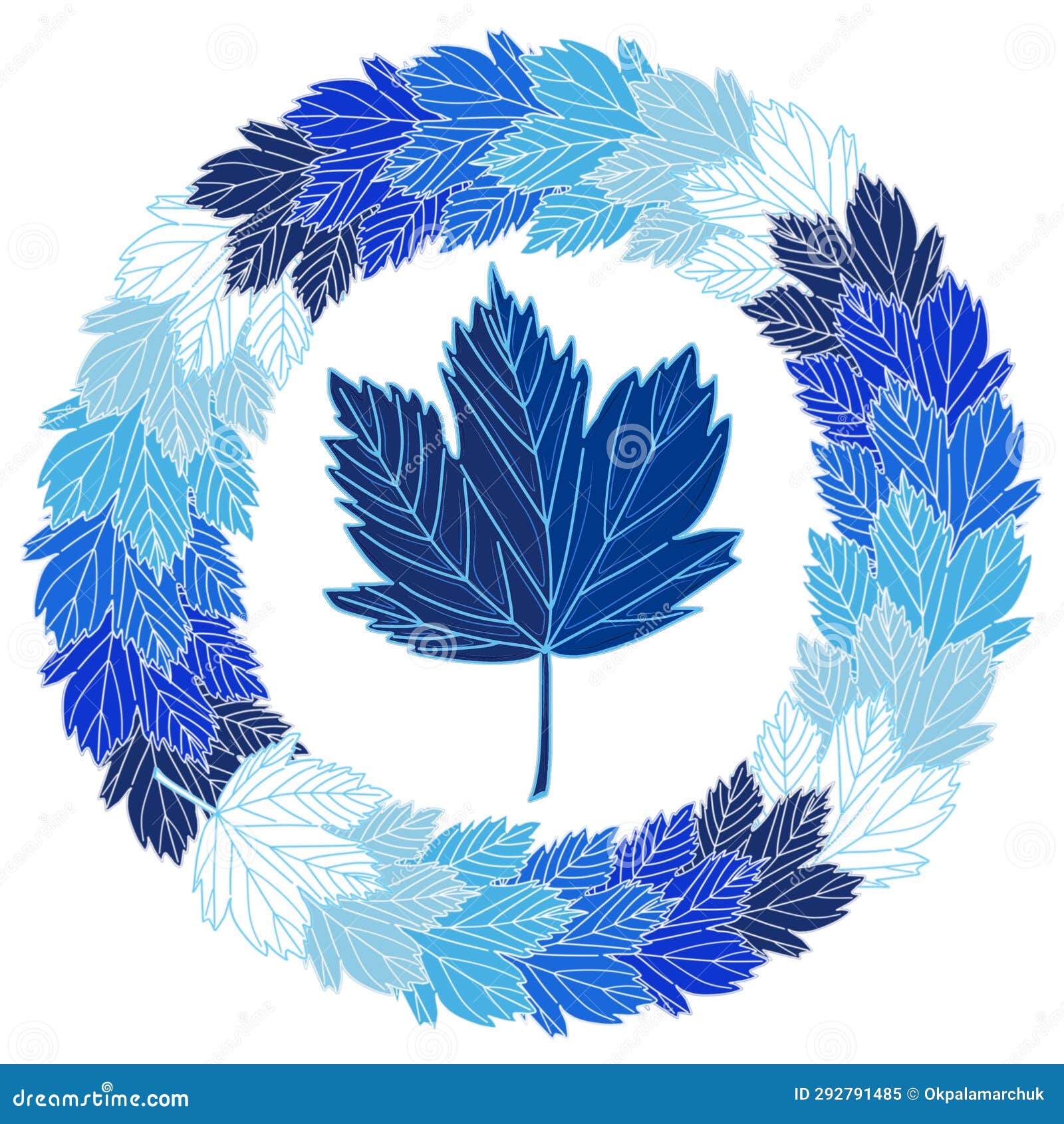 Blue Leaf in a Winter Round Frame of Blue Maple Leaves. Stock ...
