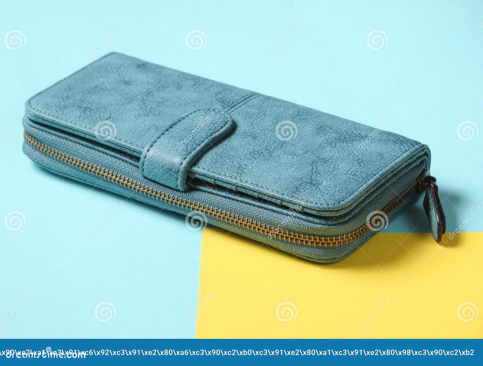 Blue Leather Purse Close-up on a Blue Yellow Pastel Background Stock ...