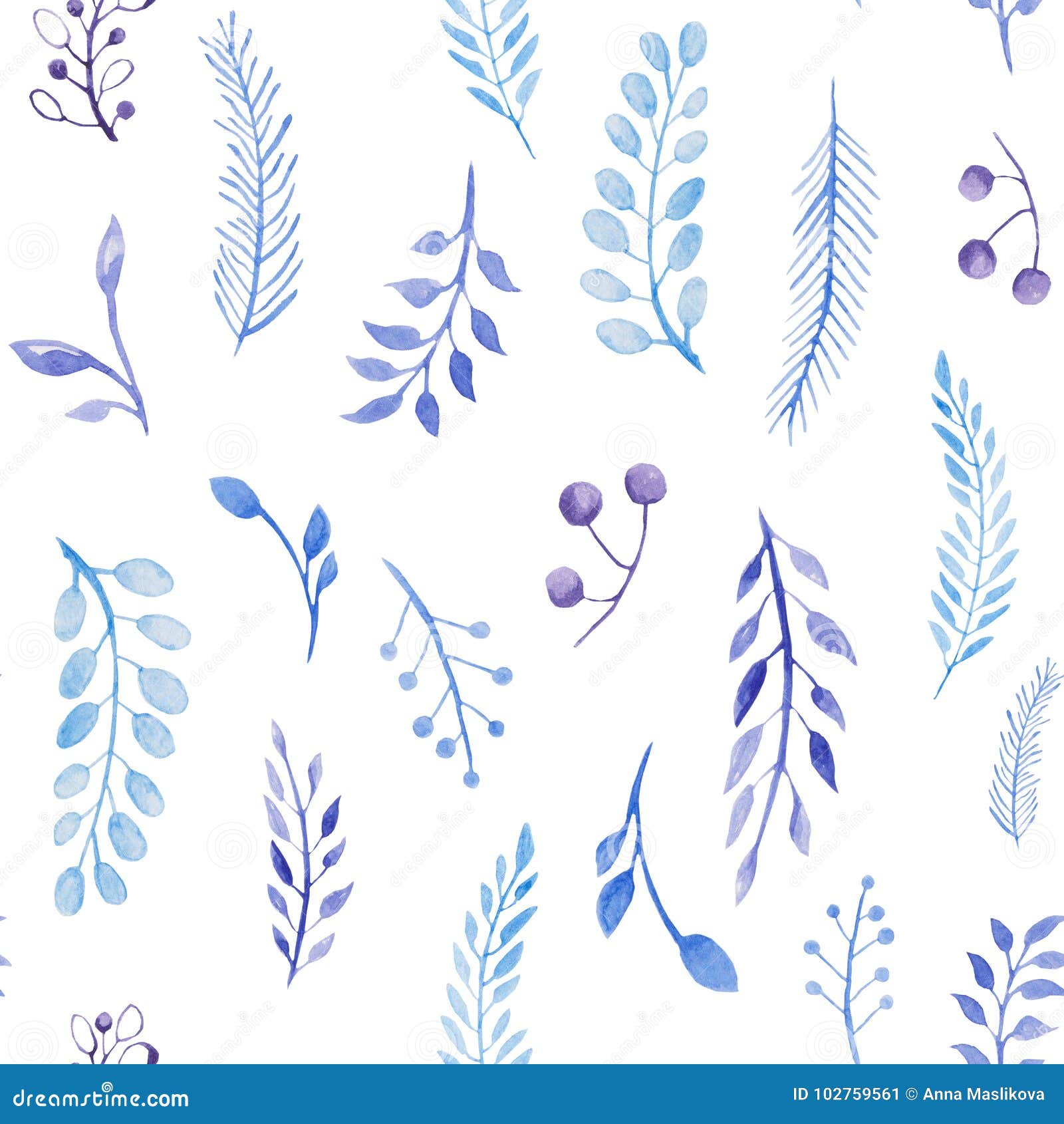 Blue Leaves Pattern.Watercolor Seamless Pattern with Branch and Leaf ...