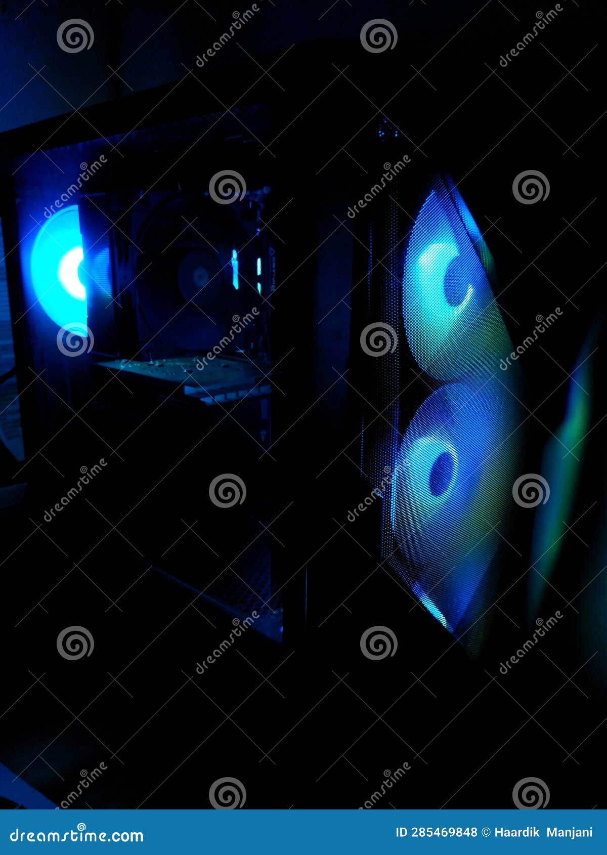 Blue LED Lights on Computer Case with Transparent Side Panel Stock ...