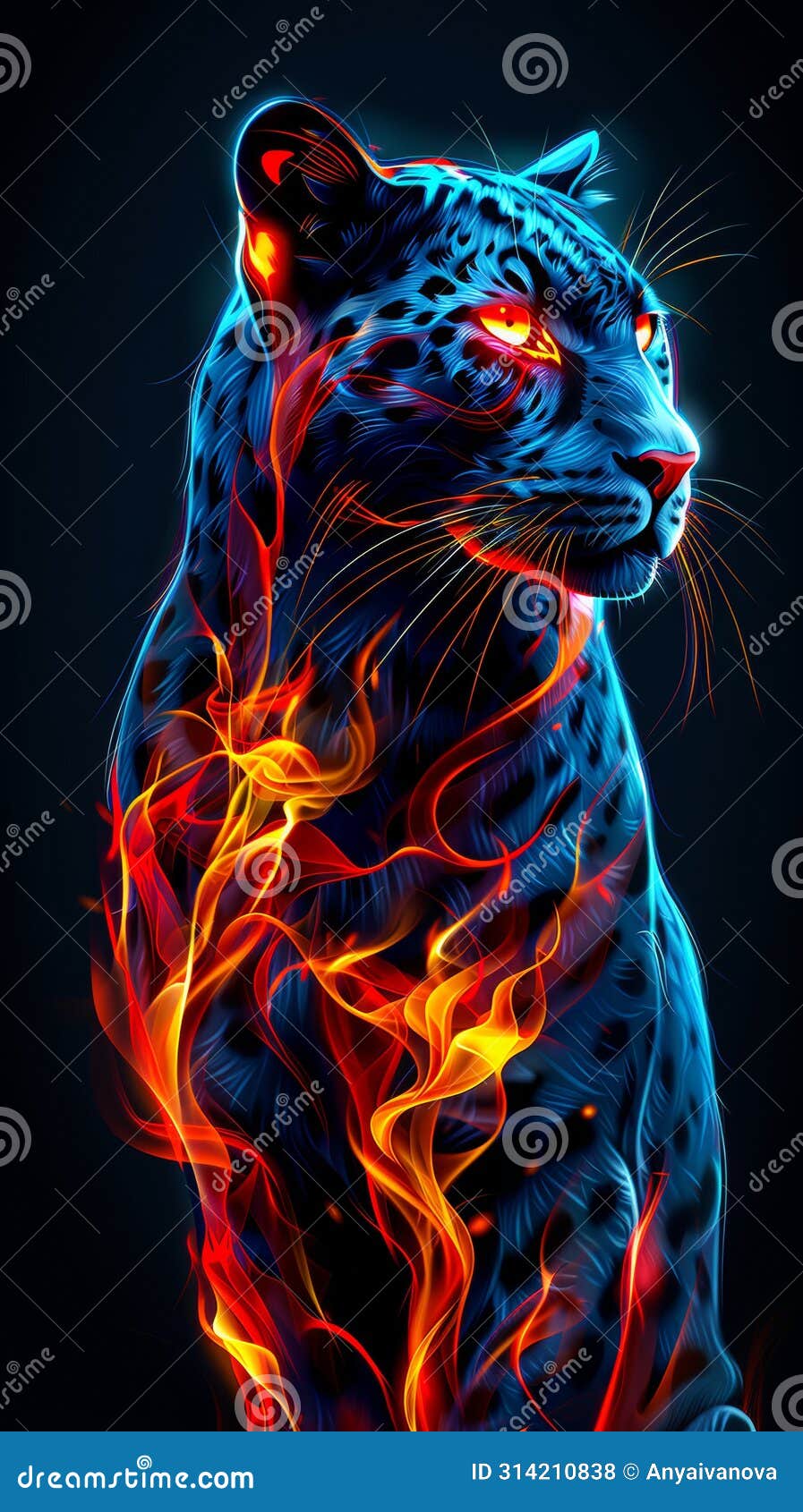A Blue Leopard with Flames on Its Face, a Magical Creature Made of Fire ...