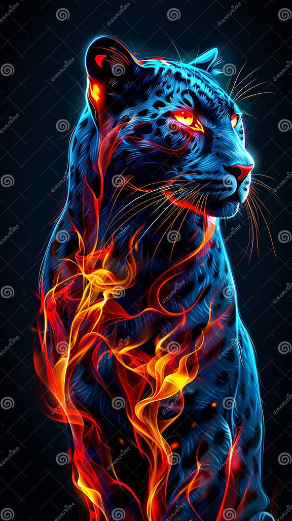 A Blue Leopard with Flames on Its Face, a Magical Creature Made of Fire ...