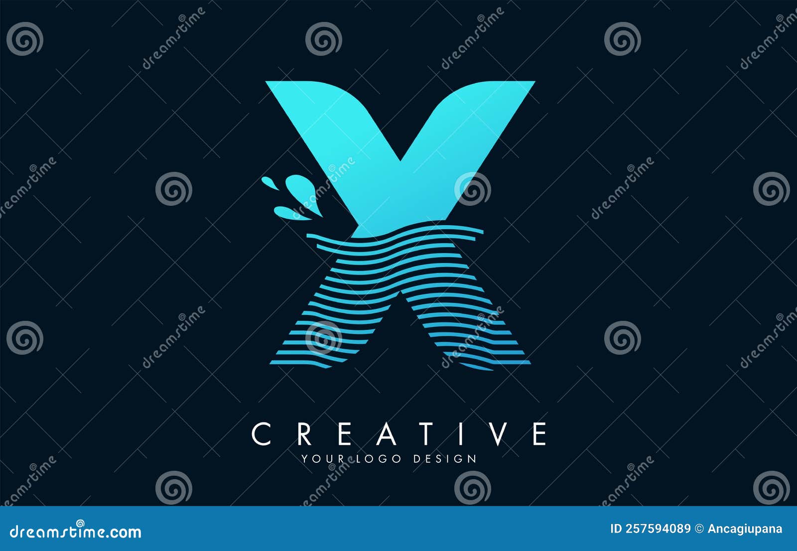 Blue X Letter Logo with Waves and Water Drops Design Stock Vector ...