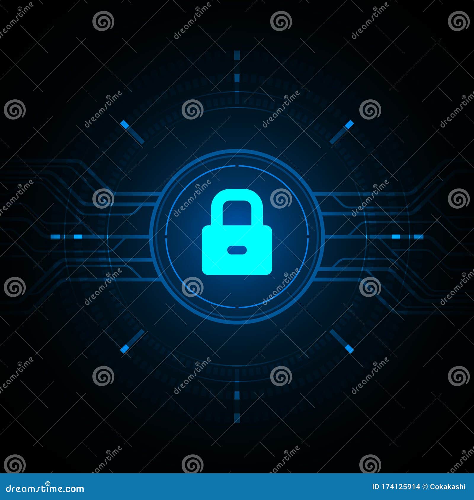 Blue Light Data Lock Icon and Circle HUD Digital Screen on Dark ...