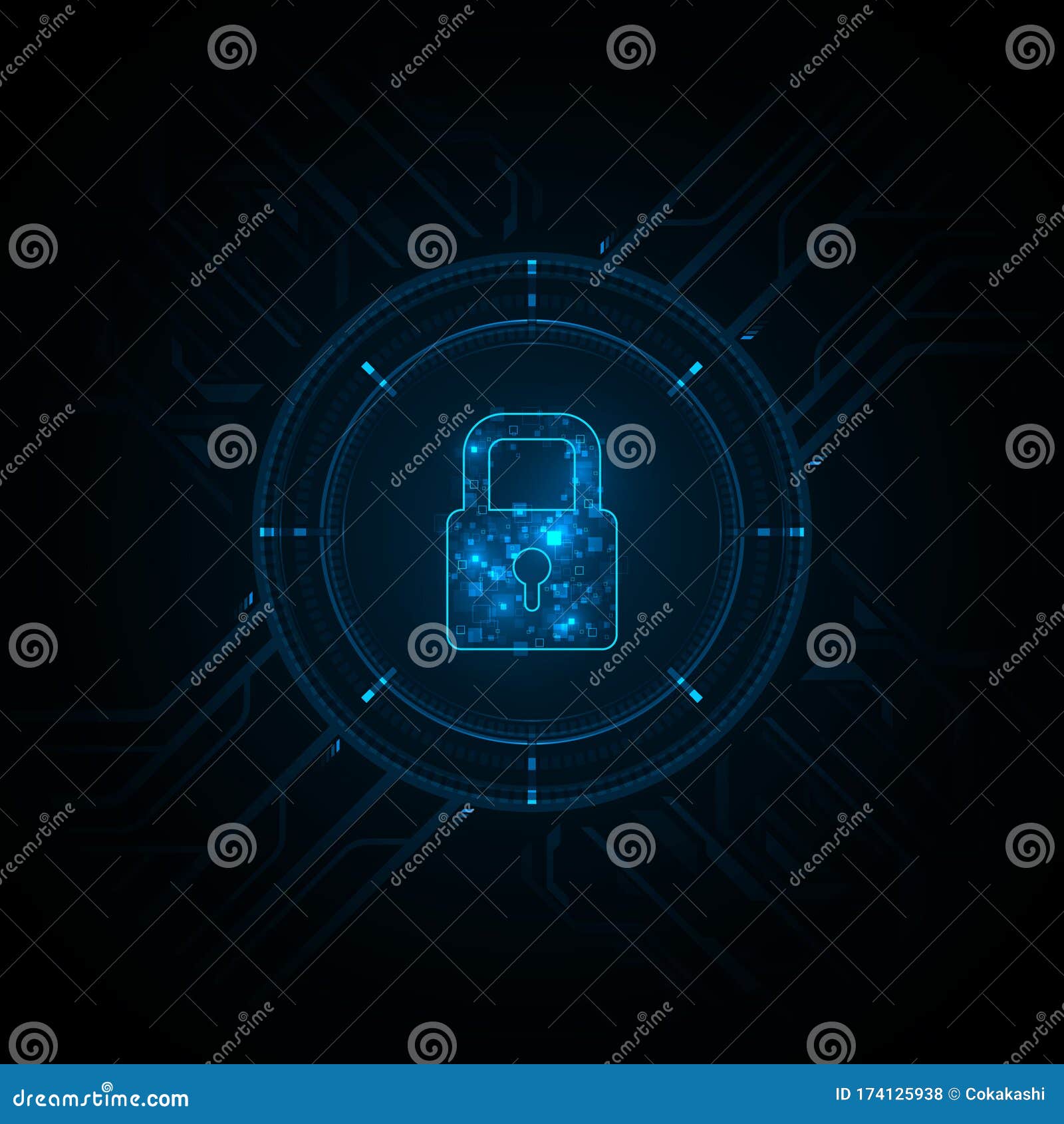 Blue Light Data Lock Icon and Circle HUD Digital Screen on Dark ...
