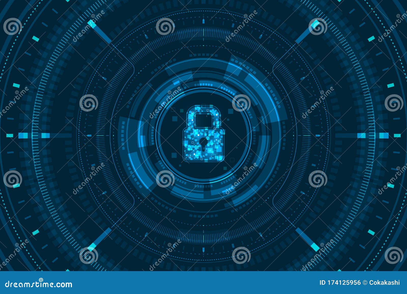 Blue Light Data Lock Icon and Circle HUD Digital Screen on Dark ...