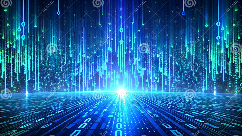 Blue Light Drop with Binary Digits Falling Down with Neon Speedy Power ...