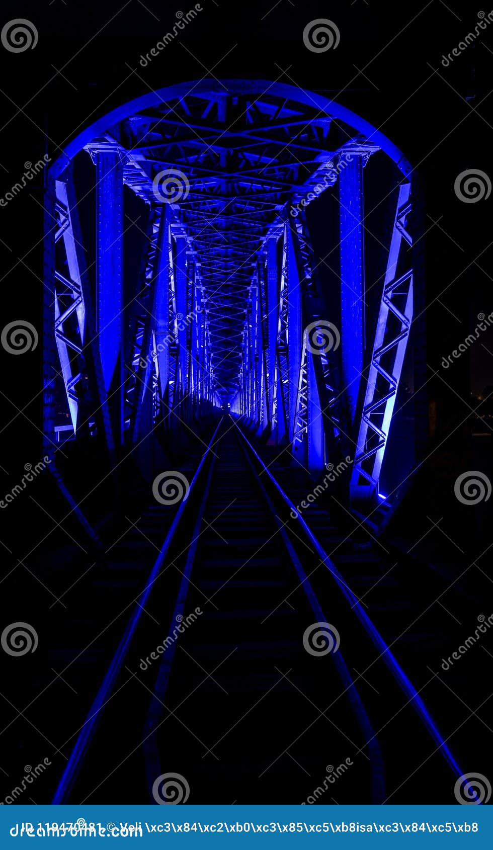 Blue Light Illuminated Train Bridge Stock Image - Image of pipe, black ...