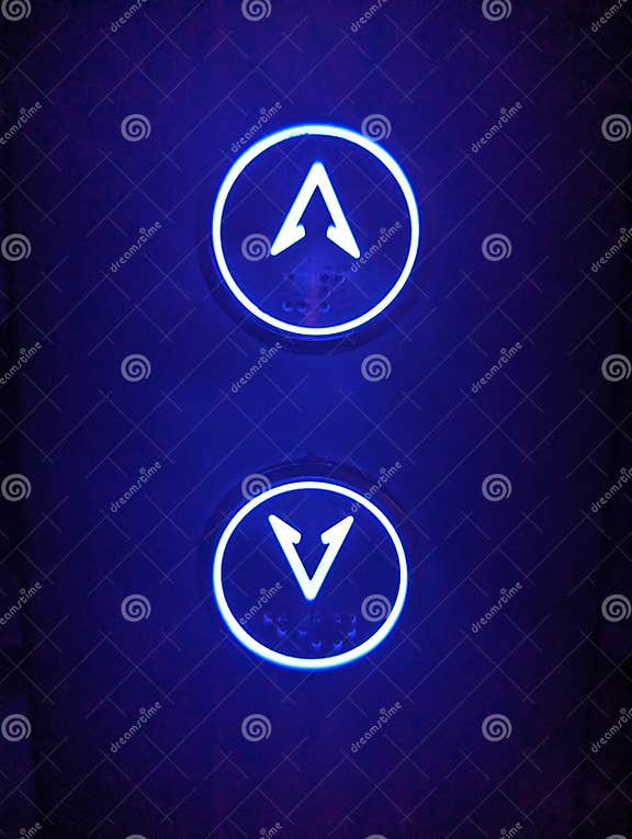 Blue Light Sign on the Elevator, Turn Off and Turn Back Stock Photo ...