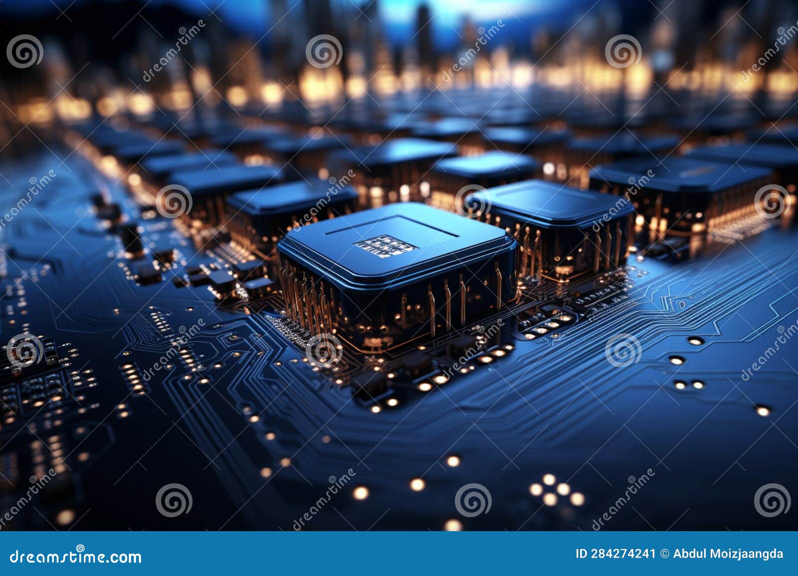 Blue Light Symphony, Computer Circuit Board Adorned with Glowing LEDs ...