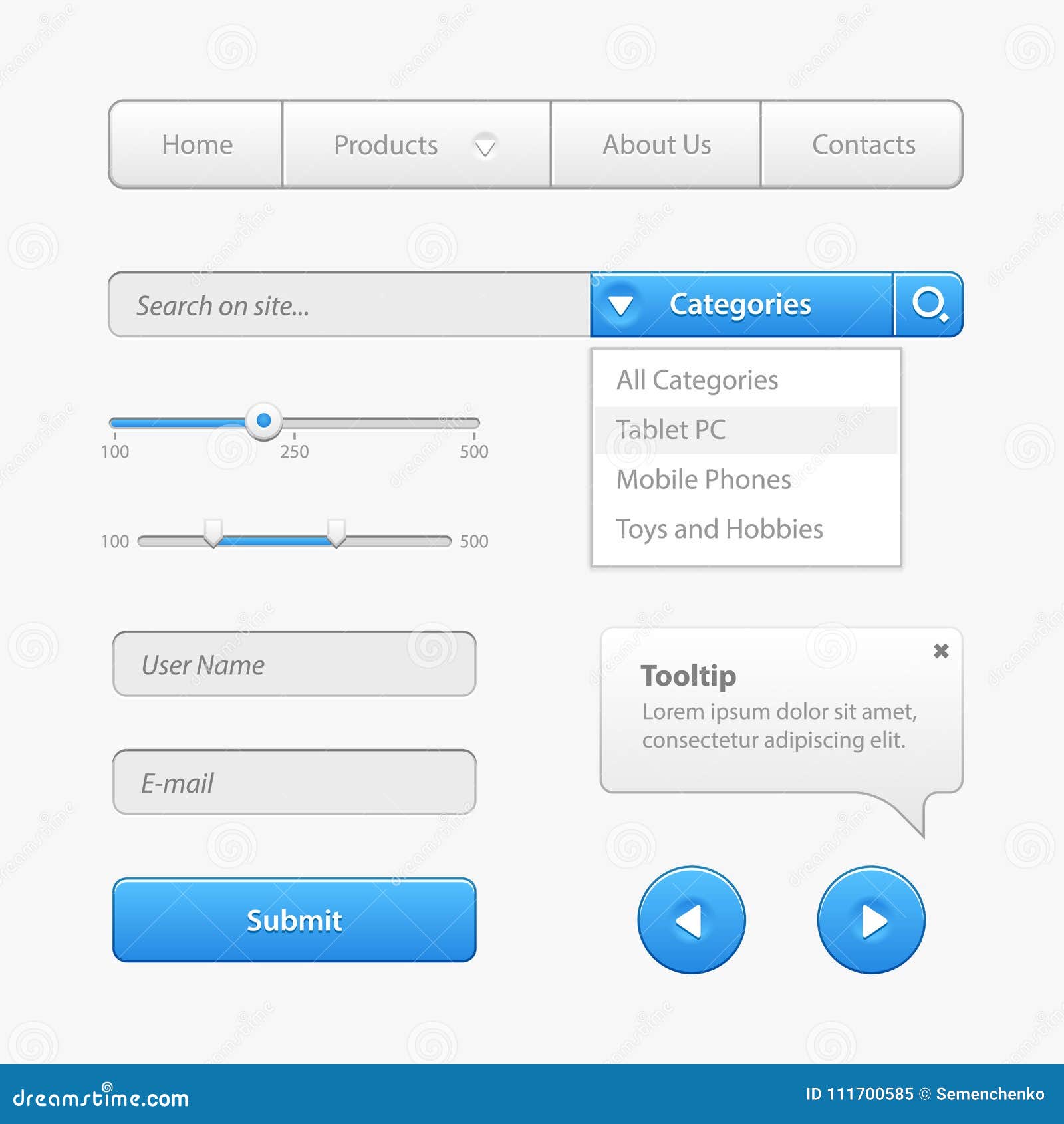Blue Light User Interface Controls. Web Elements. Website, Software UI ...