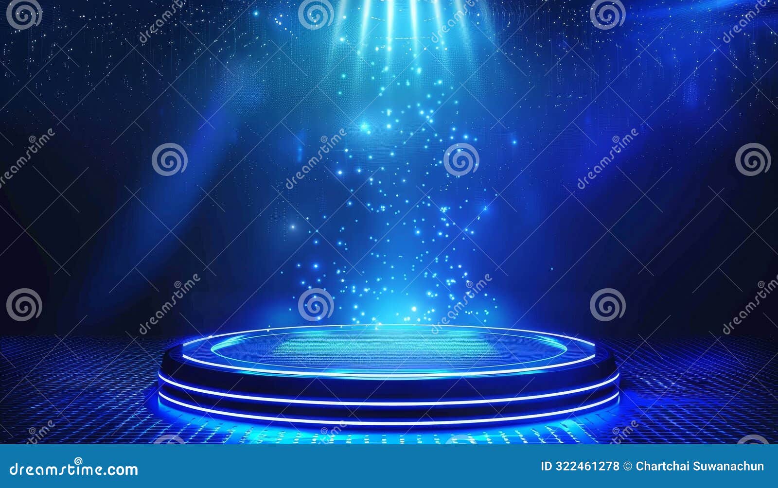 A Blue Lighted Stage with a Blue Background and a Blue Object in the ...