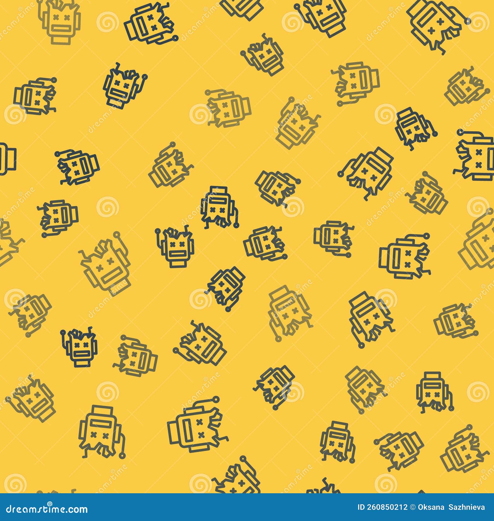 Blue Line Broken Robot Icon Isolated Seamless Pattern on Yellow ...