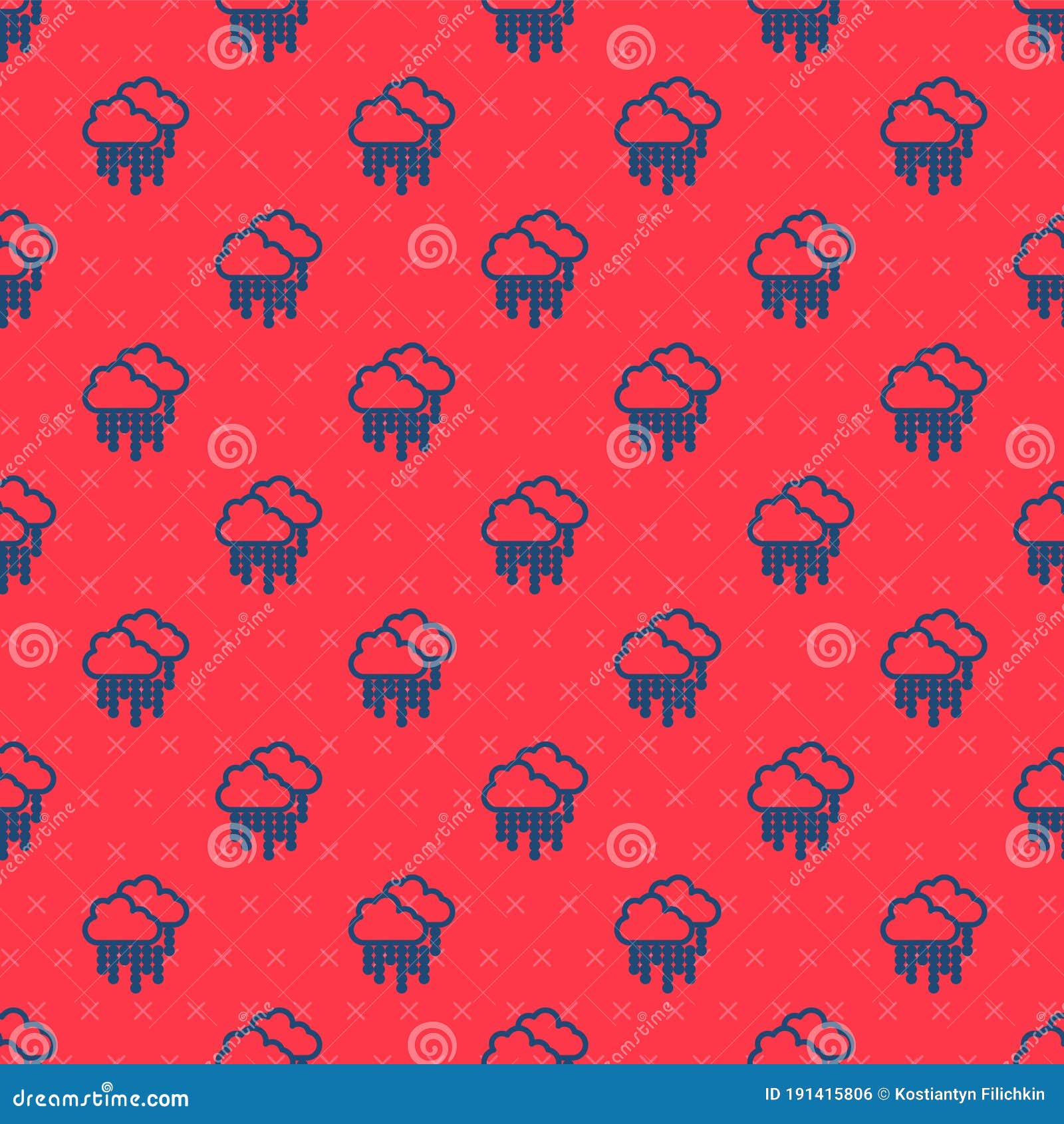 Blue Line Cloud with Rain Icon Isolated Seamless Pattern on Red ...