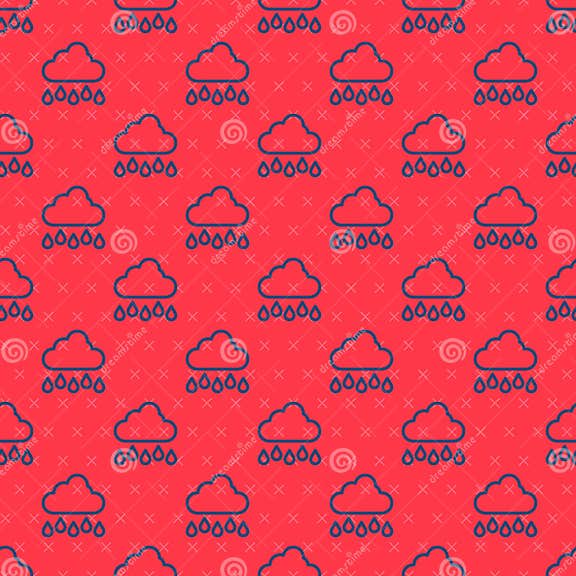 Blue Line Cloud with Rain Icon Isolated Seamless Pattern on Red ...
