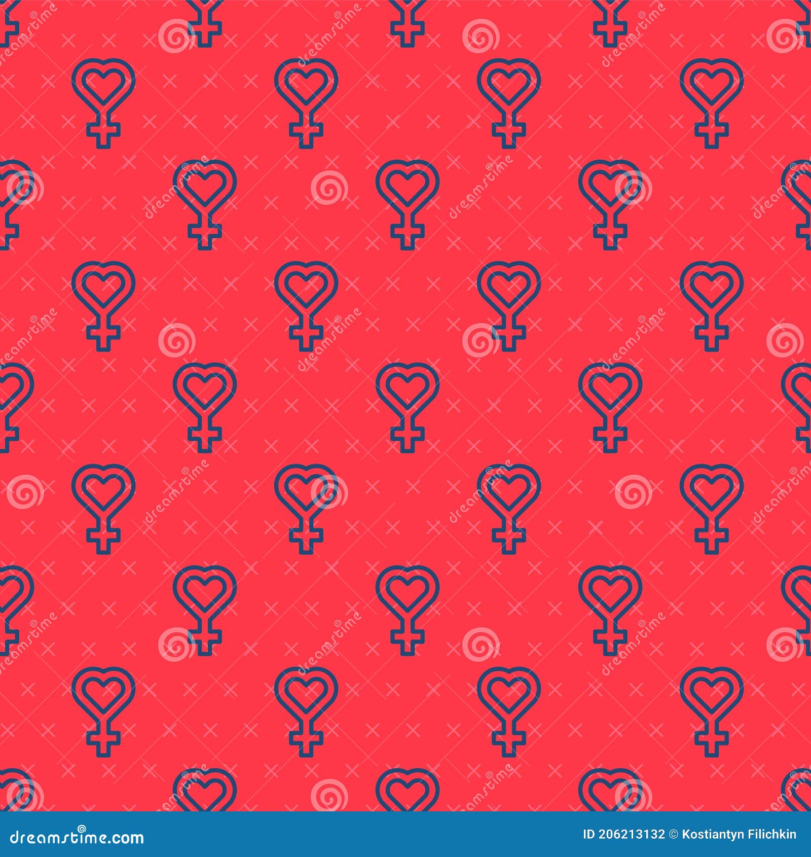 Blue Line Female Gender Symbol Icon Isolated Seamless Pattern On Red