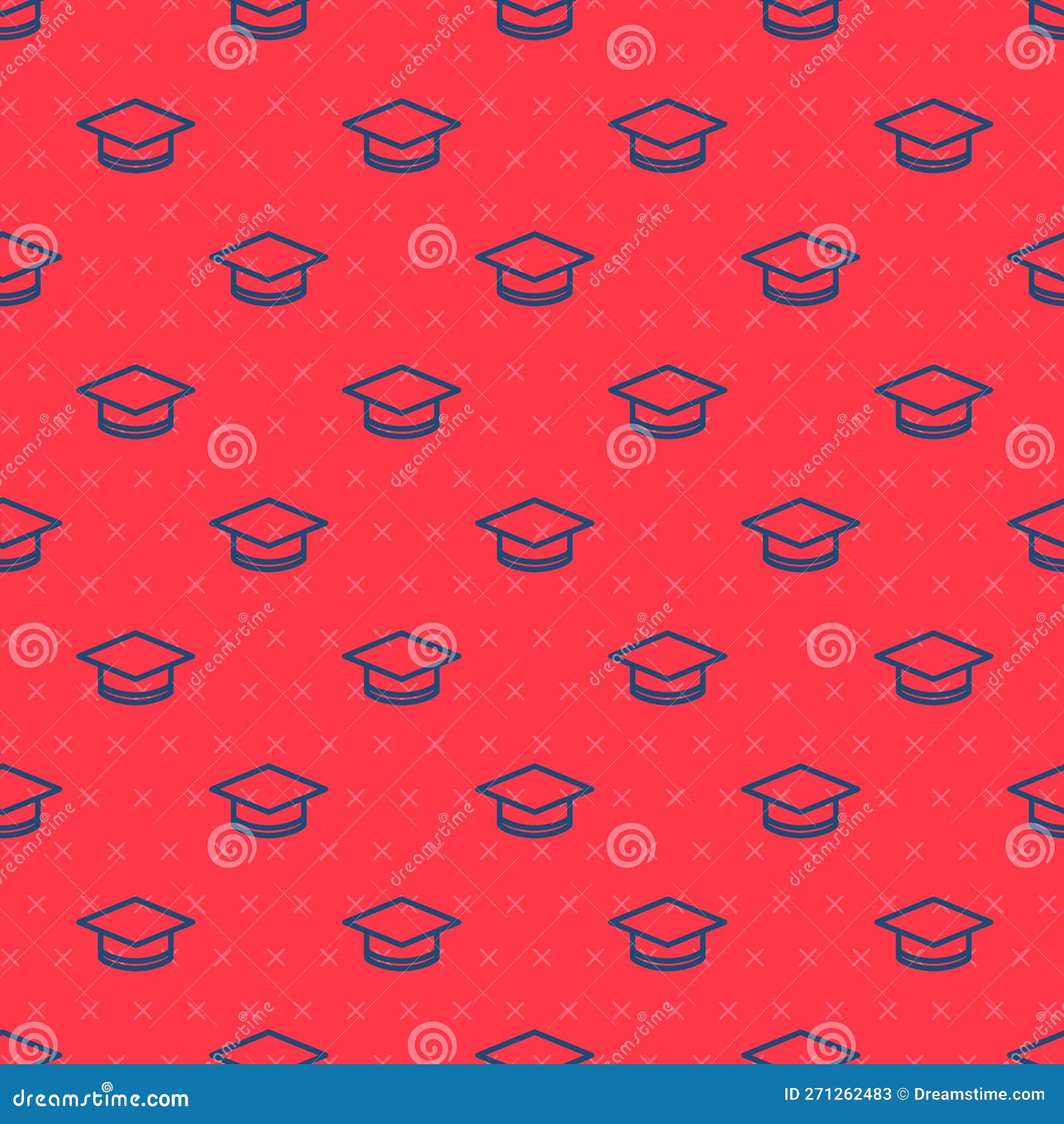 Blue Line Graduation Cap Icon Isolated Seamless Pattern on Red ...
