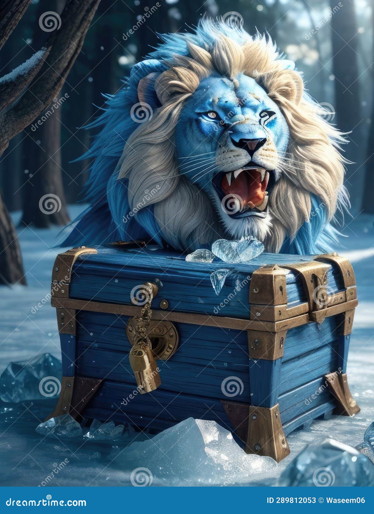 Blue Lion and Box with Lock on Ice Sheet Forest Stock Image - Image of ...