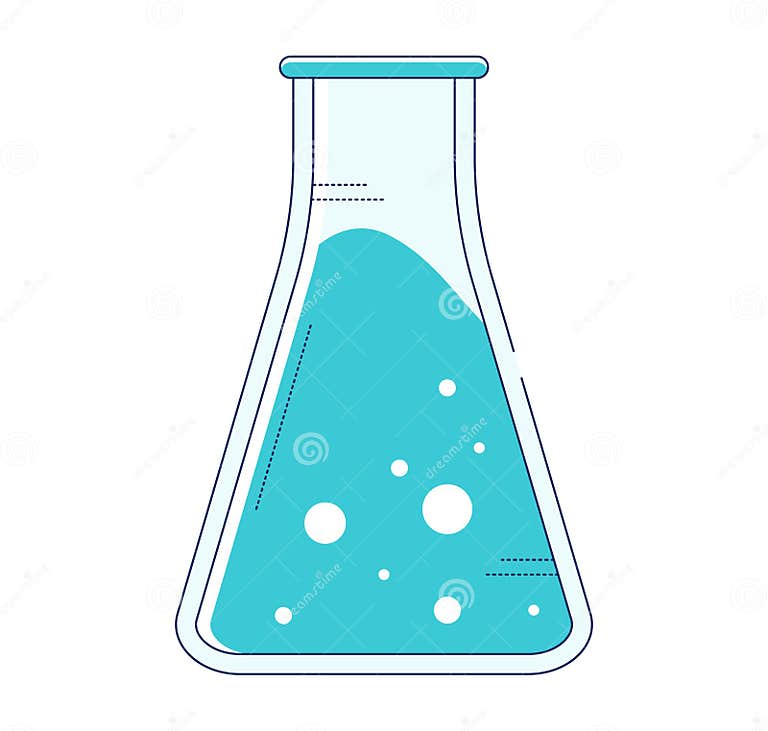 Blue Liquid in Clear Erlenmeyer Flask with Bubbles. Laboratory ...