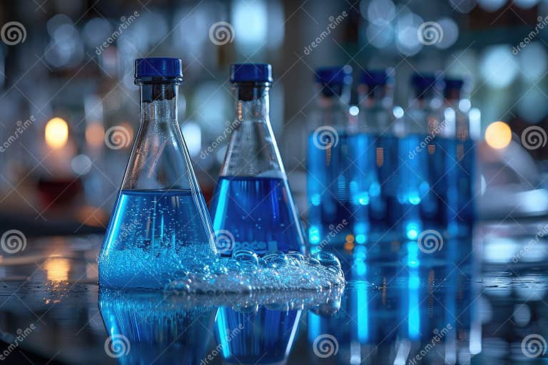 Blue Liquid in Glass Flasks, Arranged in a Laboratory Setting with Dim ...