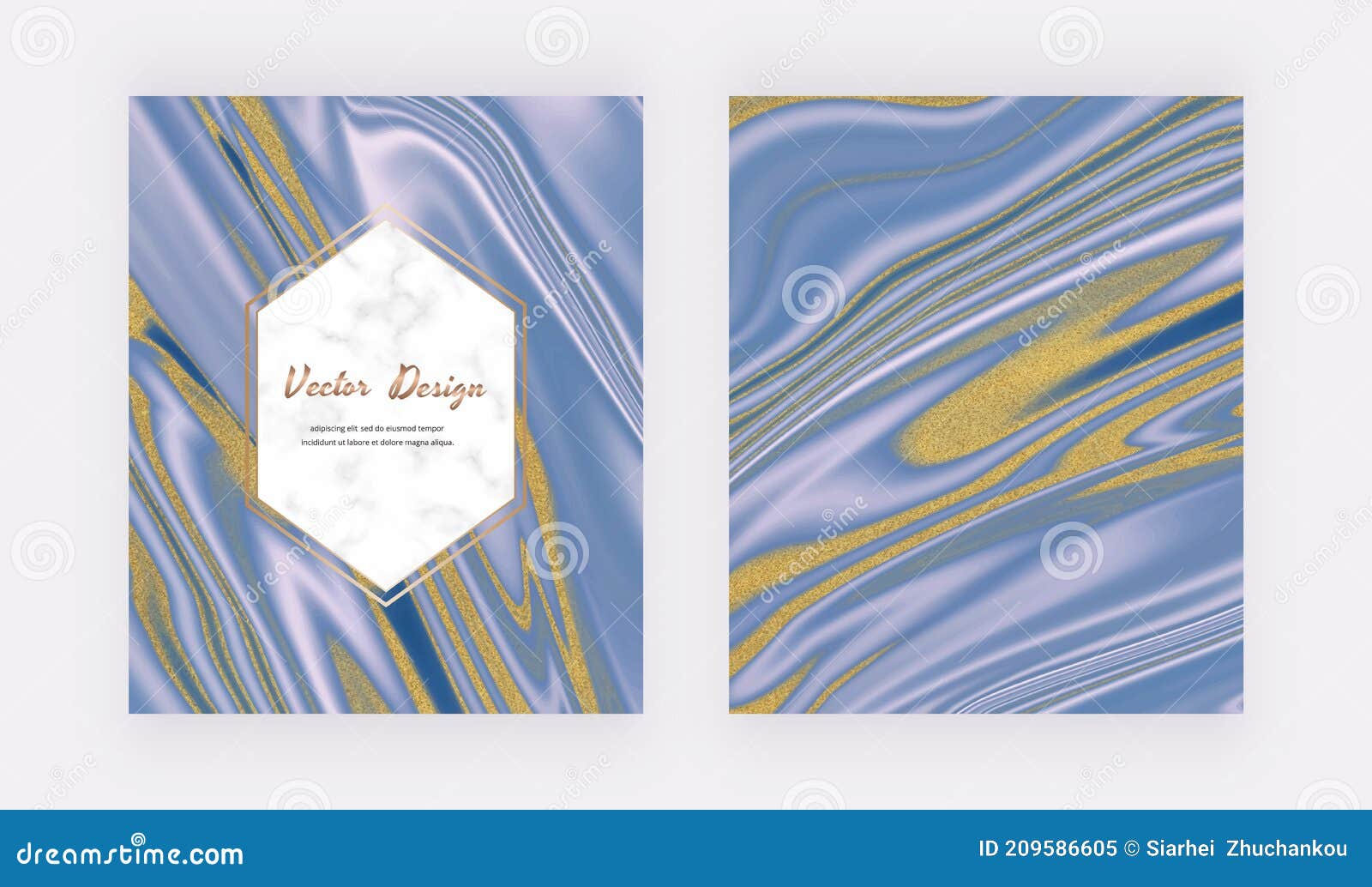 Blue Liquid Ink with Gold Glitter Cards and Marble Frame. Stock Vector ...